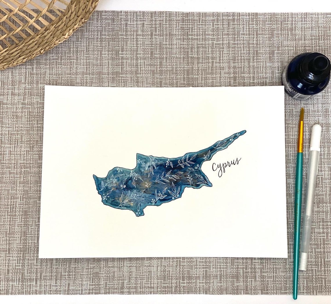 Printable Art I Watercolor & Ink Cyprus Map I Instant Download I Olive ...