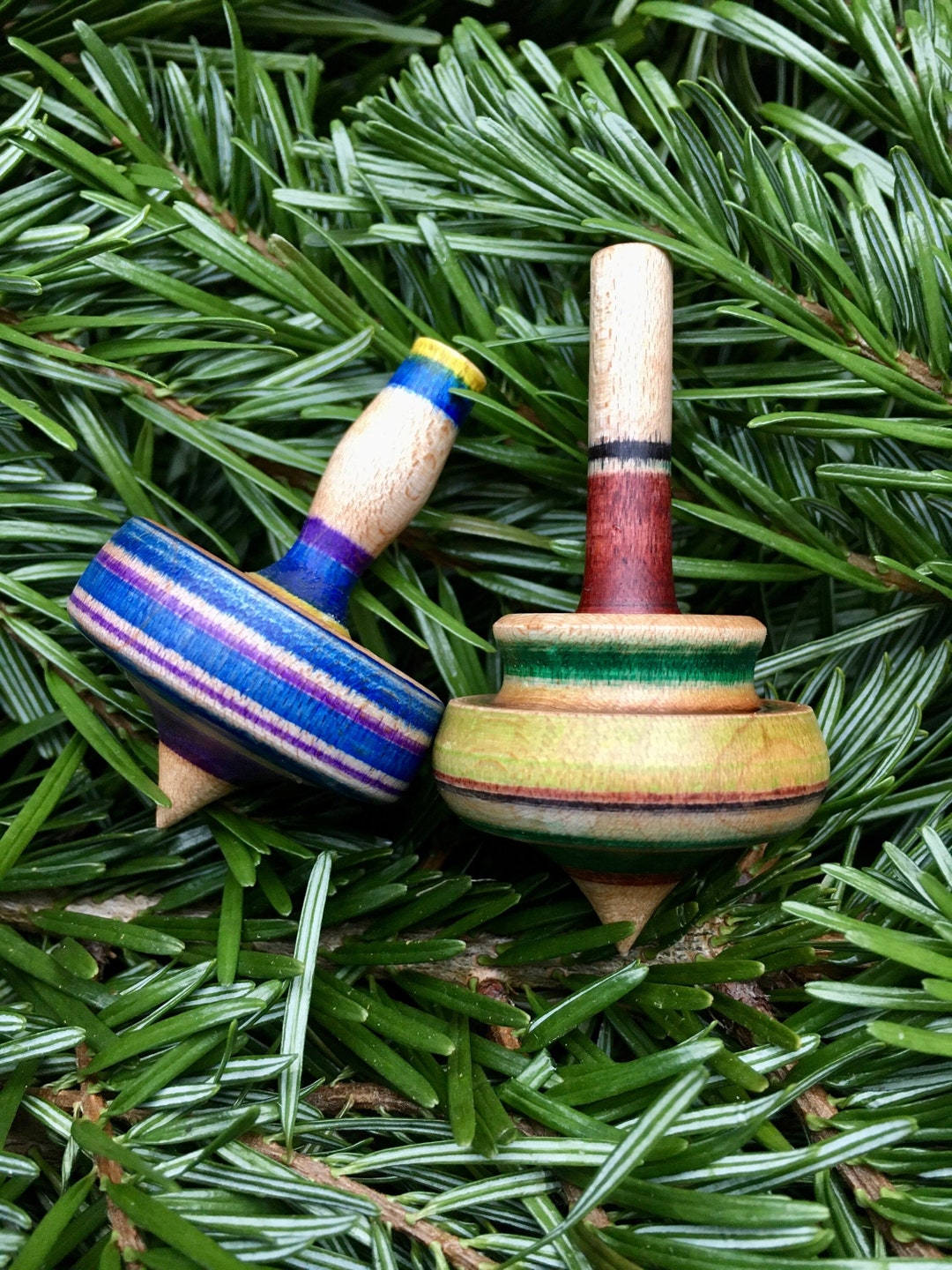 Set of Two Spinning Tops, Hand Turned, Multi Colour - Etsy