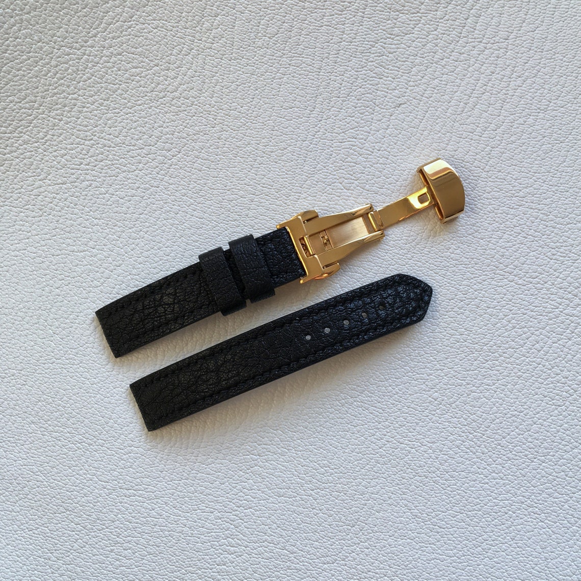 Black Leather Watch Strap 16mm, Butterfly Clasp / Small Wrist - Etsy