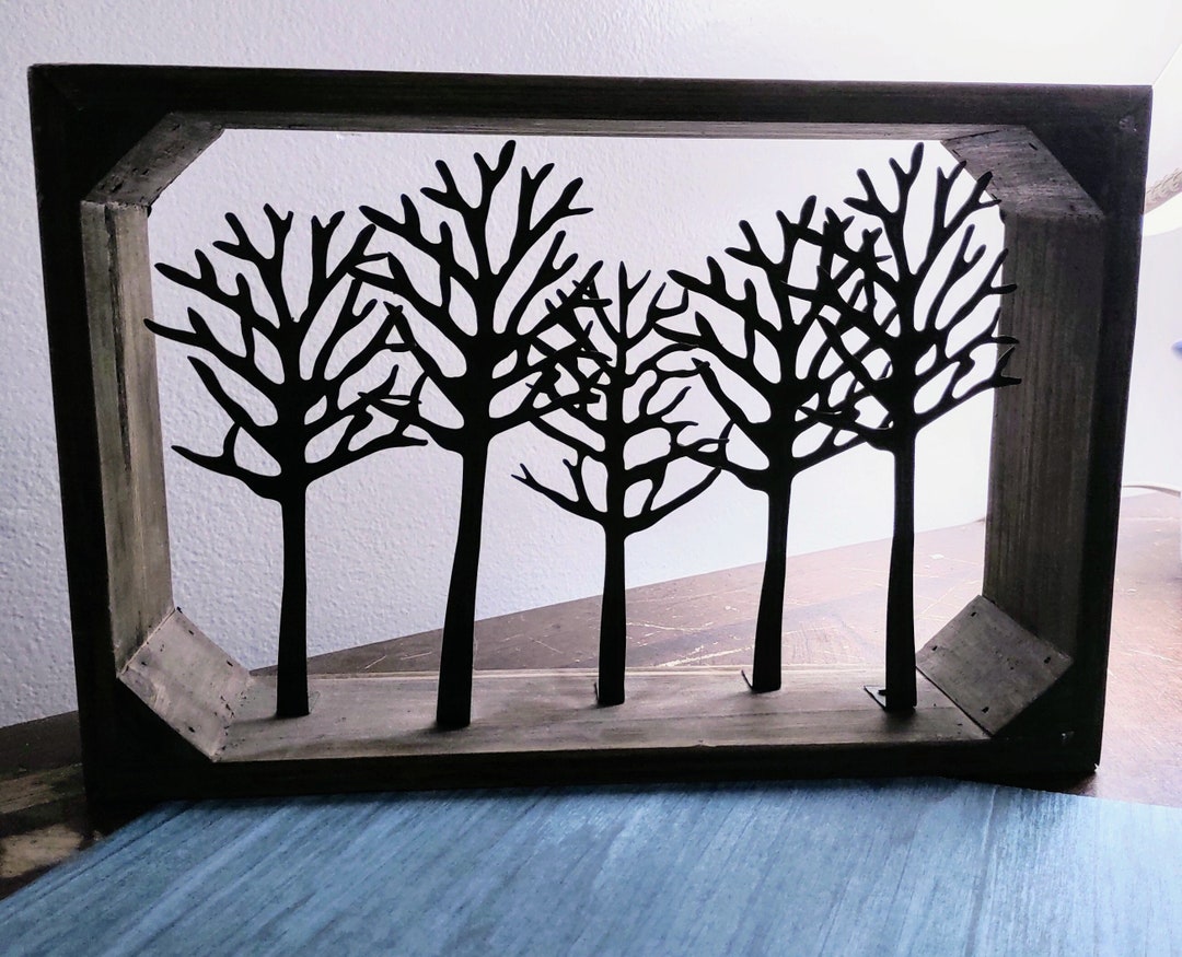 Tree Silhouette Framed Wall Art Hammered Metal 11x9 Rustic - Etsy