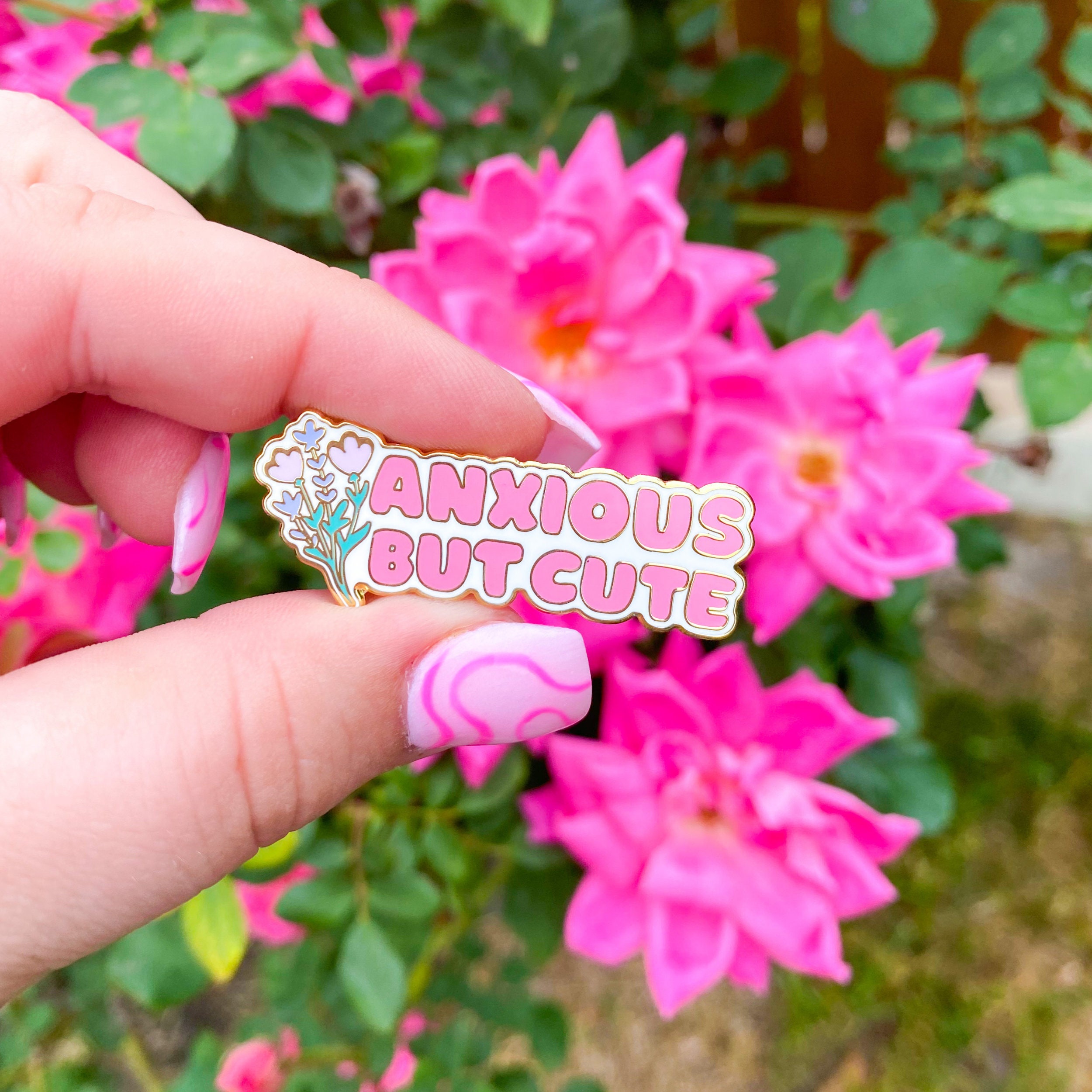 Anxious but Cute Floral Anxiety Pink Pin // Enamel Pin Gold - Etsy