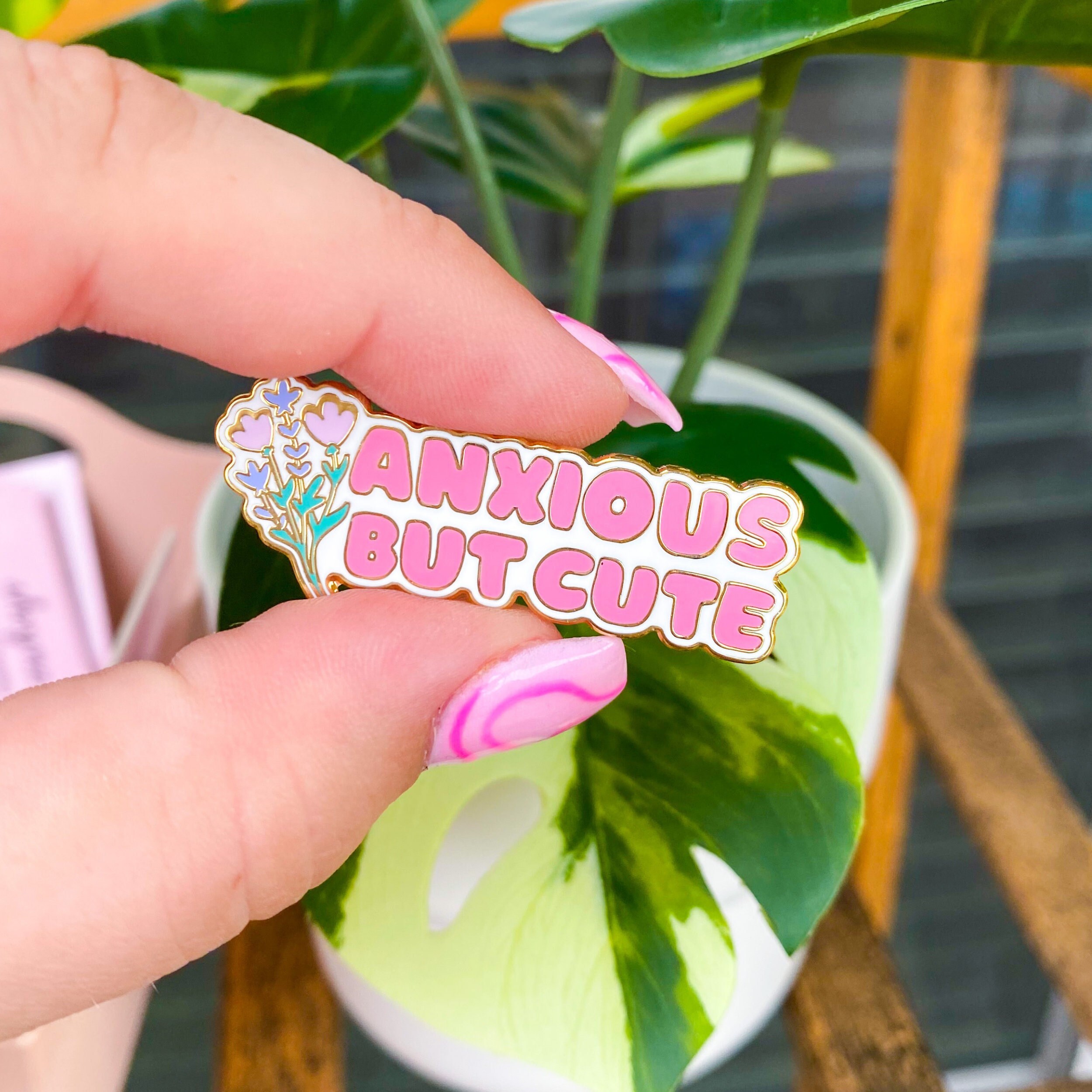 Anxious but Cute Floral Anxiety Pink Pin // Enamel Pin Gold - Etsy