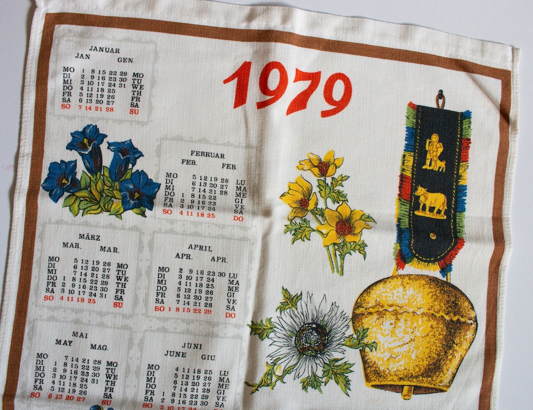 Vintage 1979 Calendar Tea Towel With Botanical Floral Detail, Vintage ...
