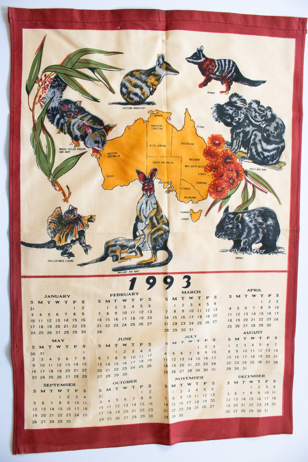 Vintage 1993 Australian Tourist Wildlife Calendar Tea Towel With ...