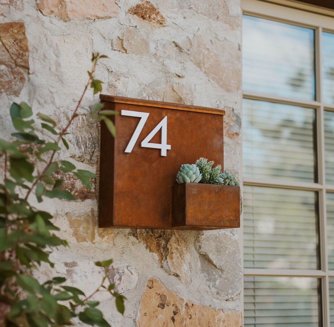 Corten Steel Wall Mounted Mailbox: Modern Address Numbers, Raw Steel ...