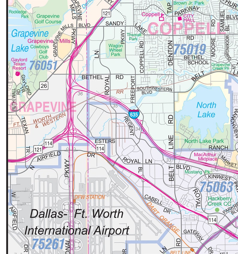 Mapa detallado de la pared arterial del condado de Dallas 36 x38 con ...