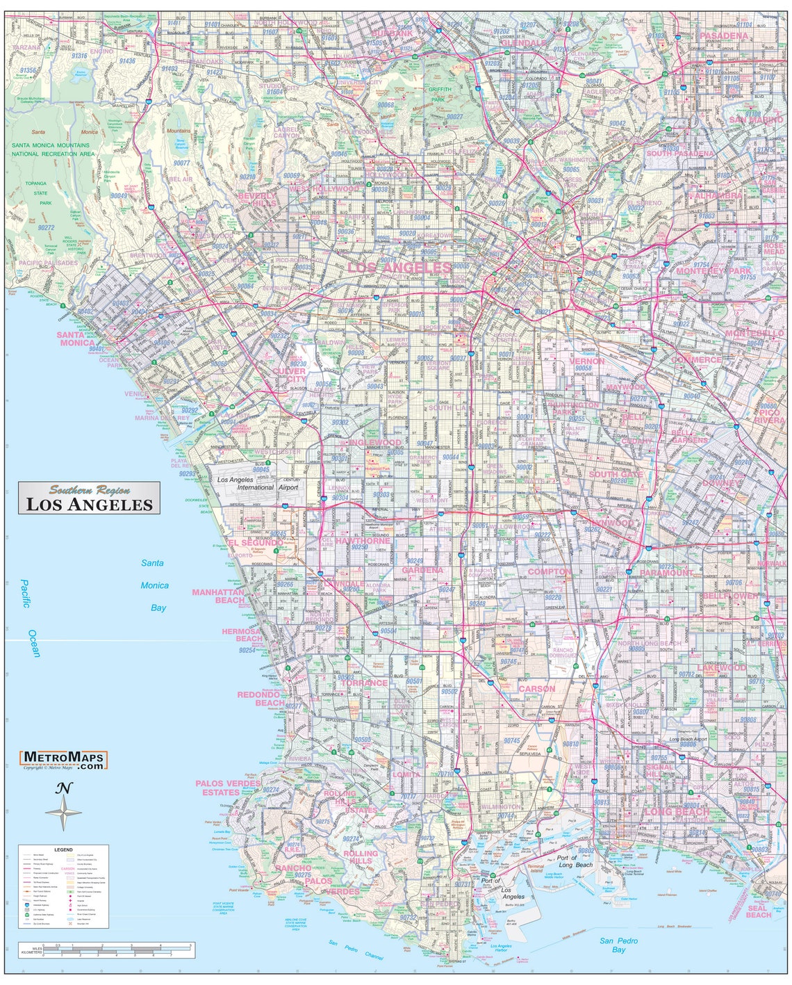 Los Angeles-long Beach Detailed Area Wall Map W/zip Codes 2 - Etsy India