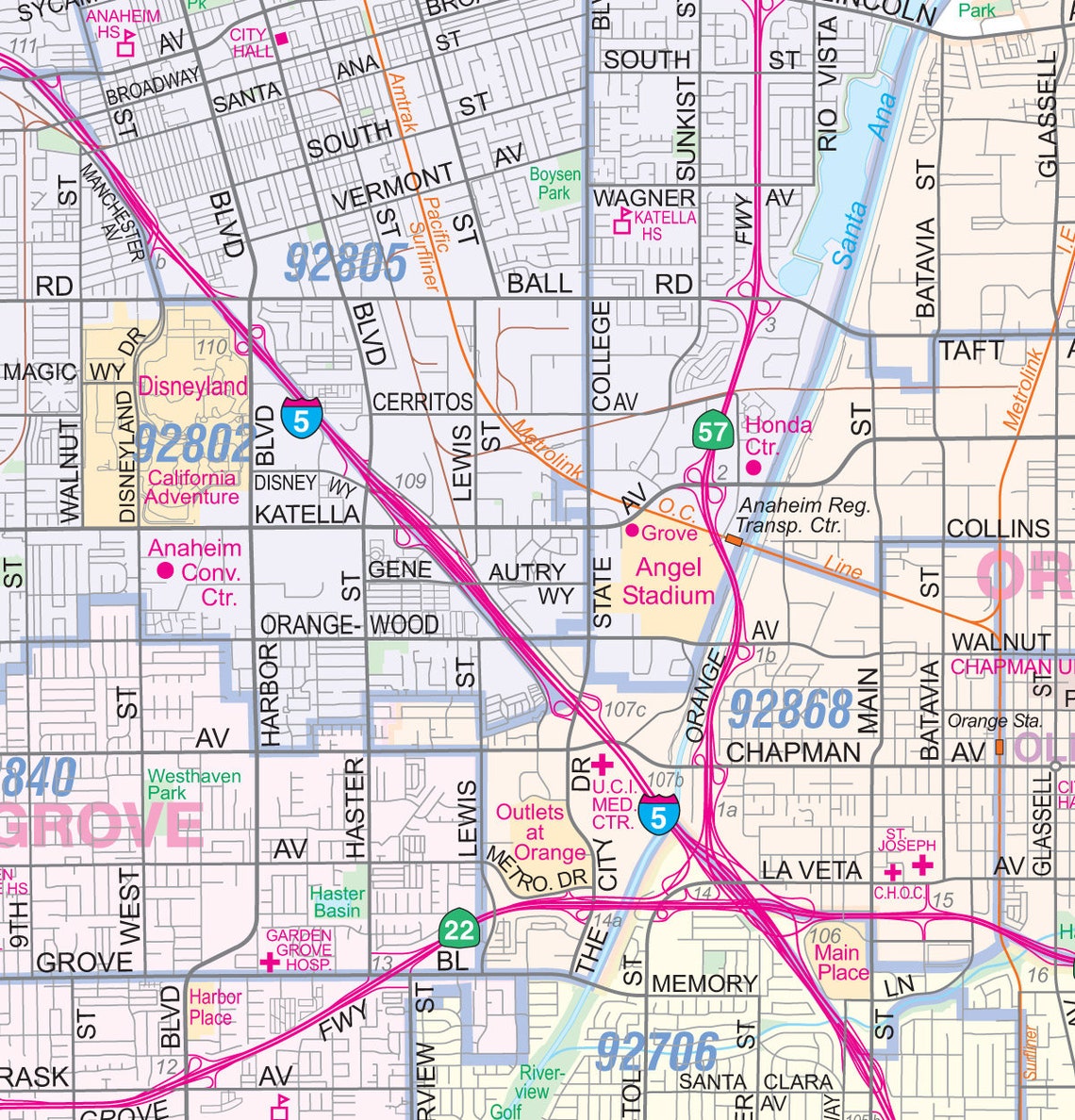 Orange County, CA Detailed Vicinty Wall Map W/zip Codes 2 Large Sizes ...