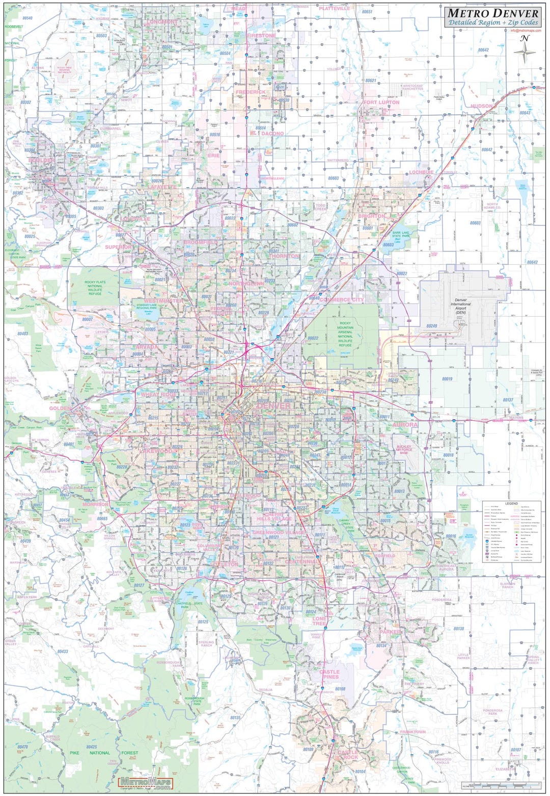 Denver Detailed Region Professional Wall Map W/zip Codes (2 Sizes) - Etsy