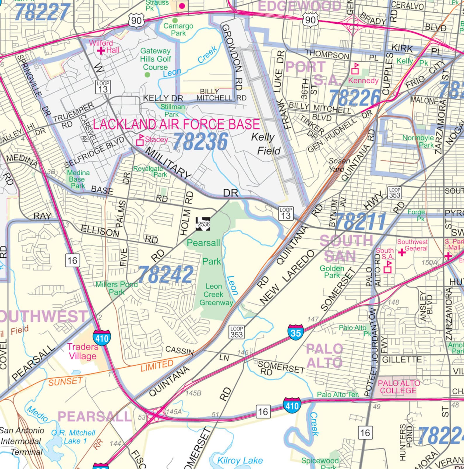 San Antonio/bexar County Detailed Region Wall Map W/zip Codes 2 Large ...