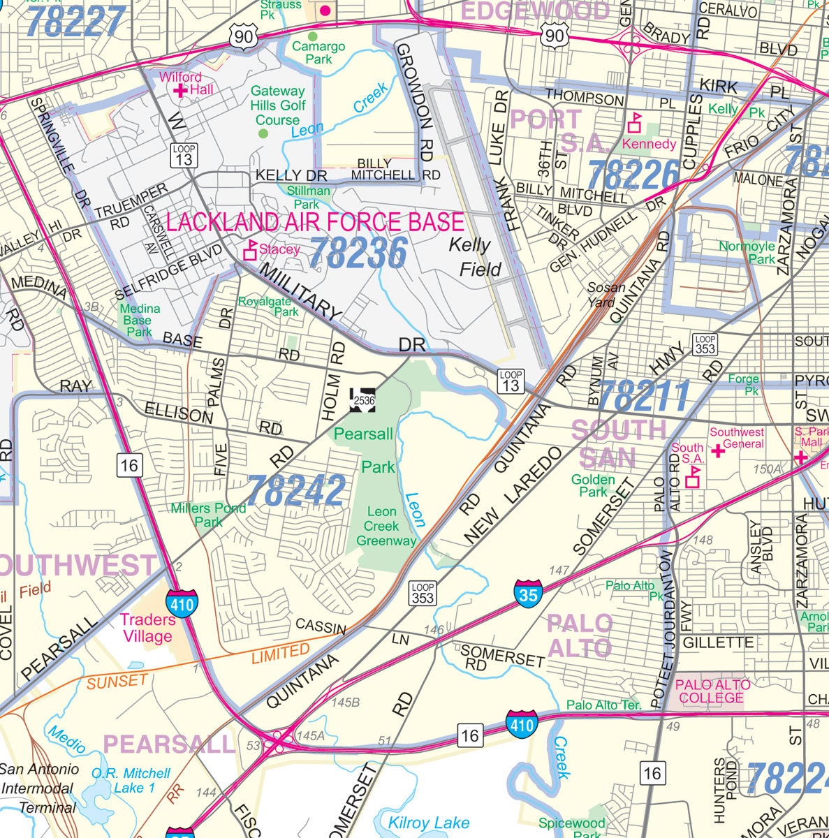 San Antonio/bexar County Detailed Region Wall Map W/zip Codes 2 Large ...