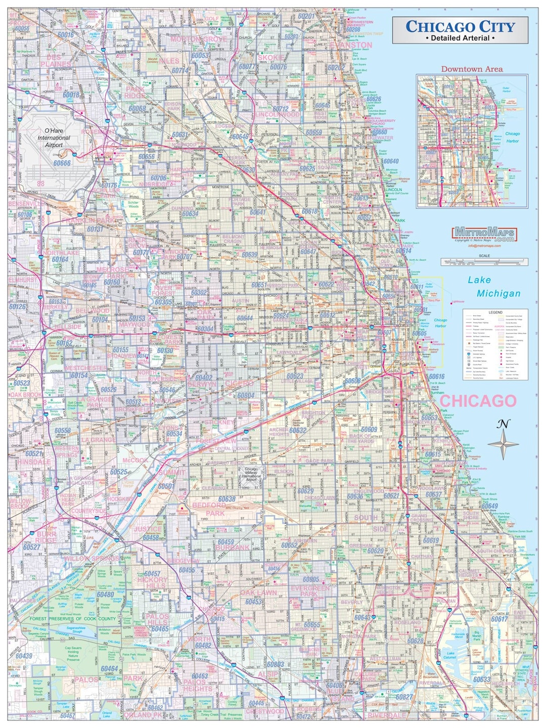 Buy Chicago City Detailed Arterial Wall Map W/zip Codes 2 Large Sizes ...