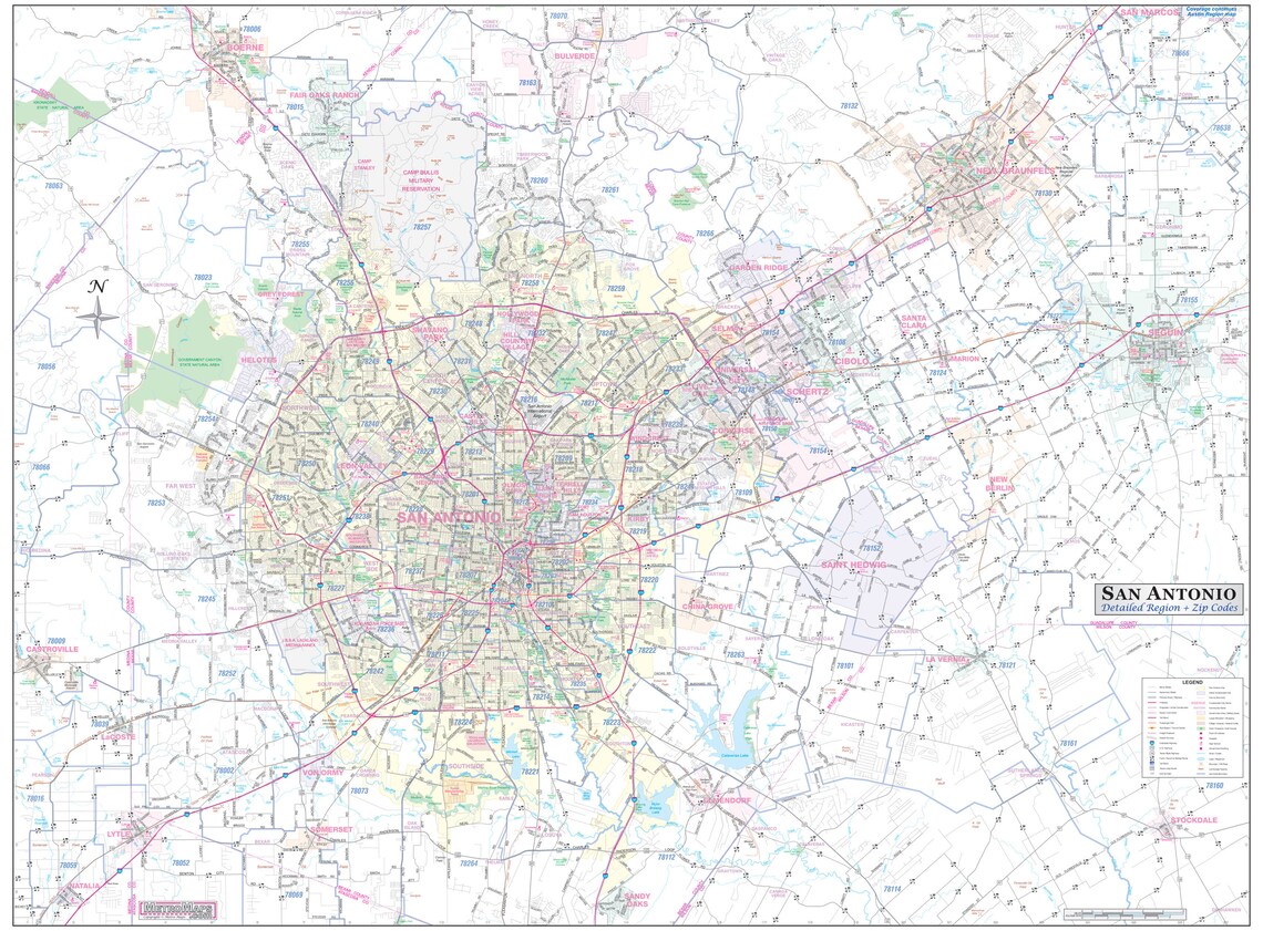 San Antonio/bexar County Detailed Region Wall Map W/zip Codes 2 Large ...
