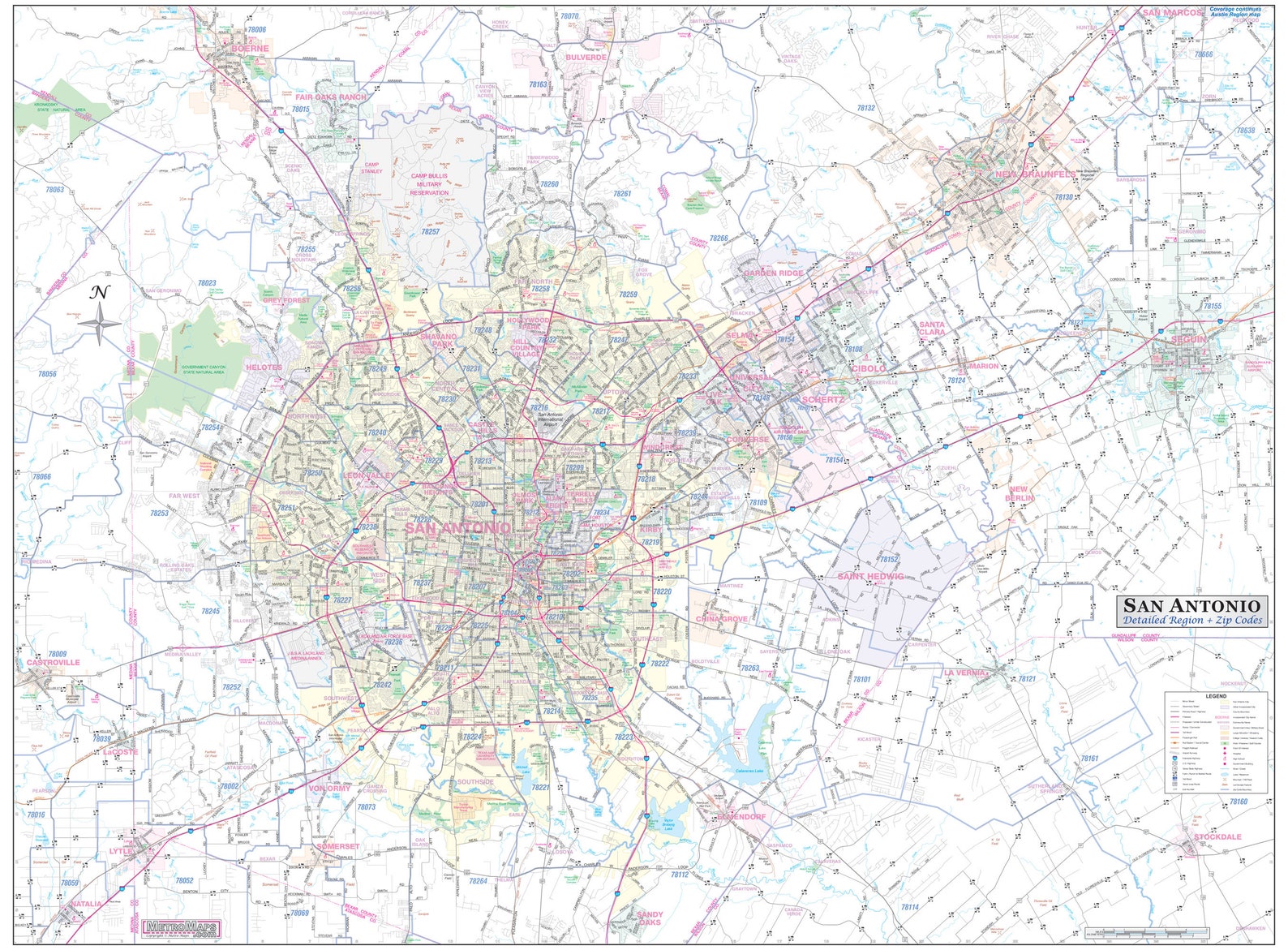 San Antonio/bexar County Detailed Region Wall Map W/zip Codes 2 Large ...
