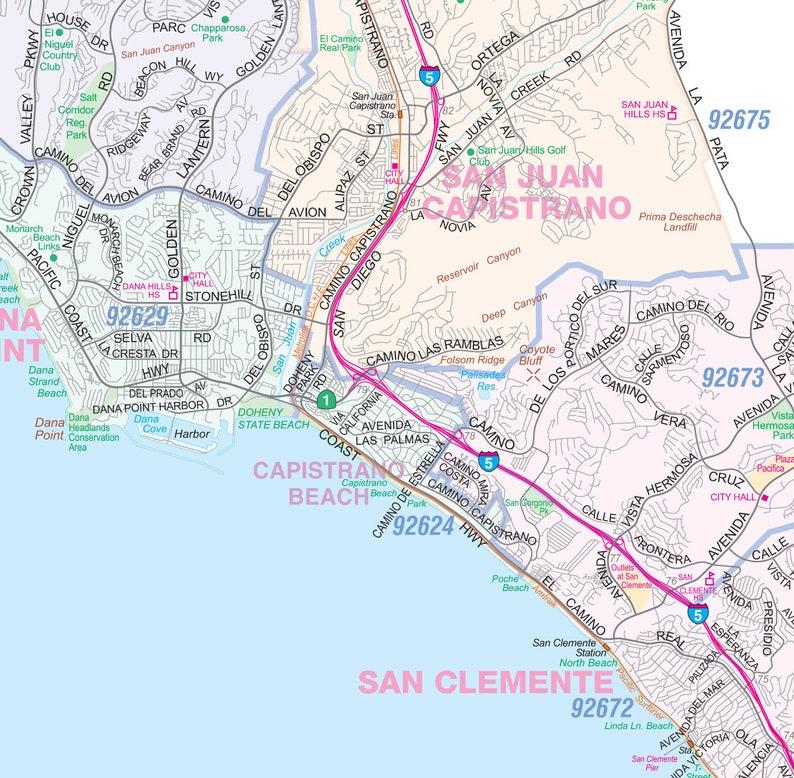 Orange County, CA Detailed Vicinty Wall Map W/zip Codes 2 Large Sizes ...