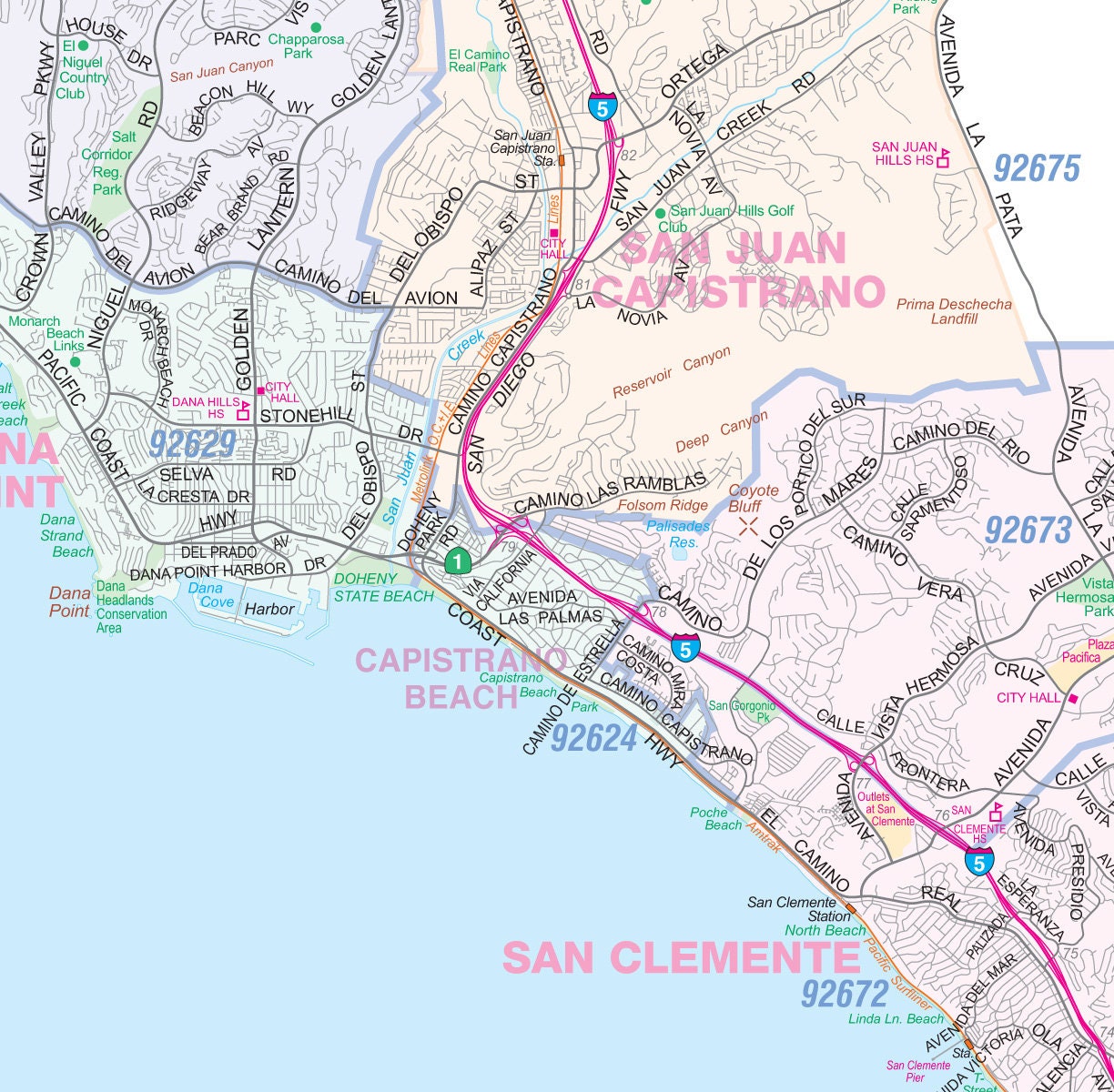 Orange County, CA Detailed Vicinty Wall Map W/zip Codes 2 Large Sizes ...