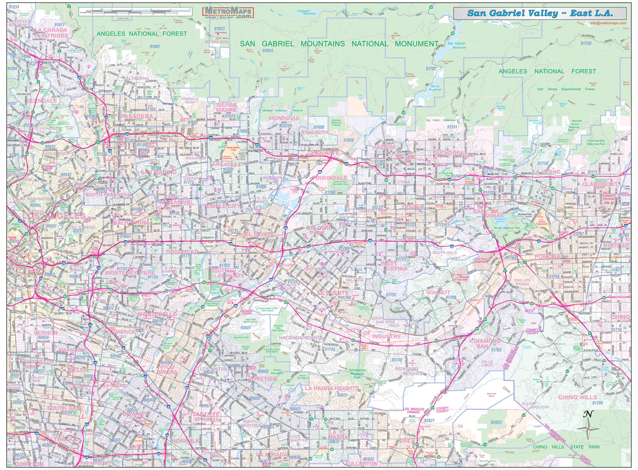 San Gabriel Valley-east Los Angeles Vicinty Wall Map 48 X 36 W/zip ...