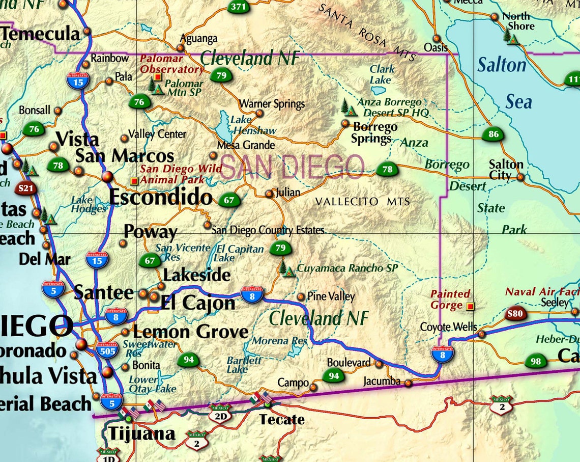 Colorido mapa mural del sur de California - Etsy España