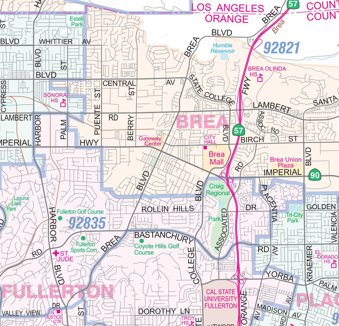 Orange County, CA Detailed Vicinty Wall Map W/zip Codes 2 Large Sizes ...