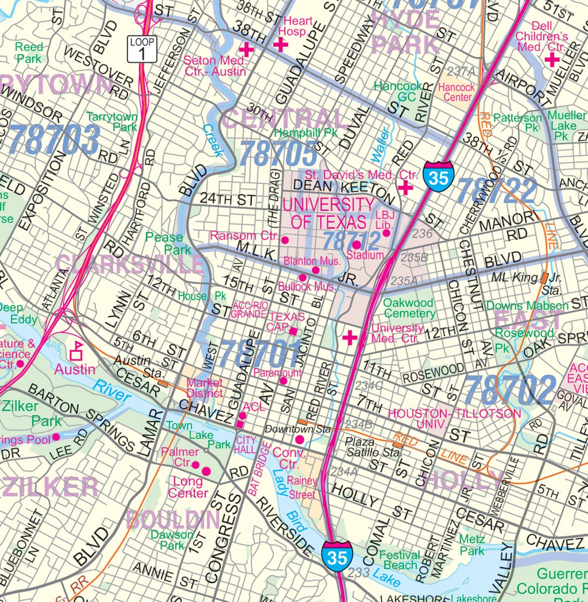 Greater Austin TX Detailed Region Wall Map W/zip Codes 2 Large Sizes - Etsy