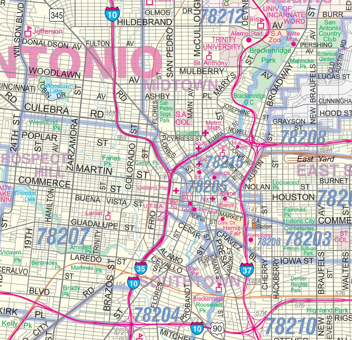 San Antonio/bexar County Detailed Region Wall Map W/zip Codes 2 Large Sizes - Etsy
