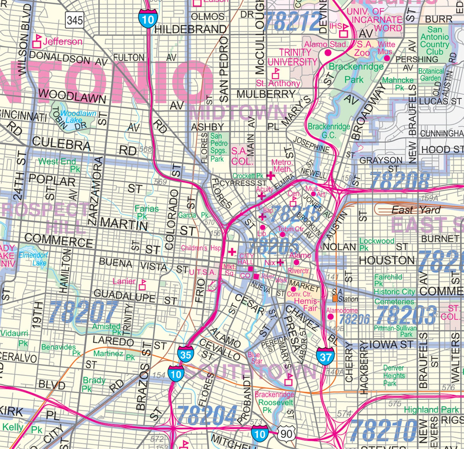 San Antonio/bexar County Detailed Region Wall Map W/zip Codes 2 Large ...