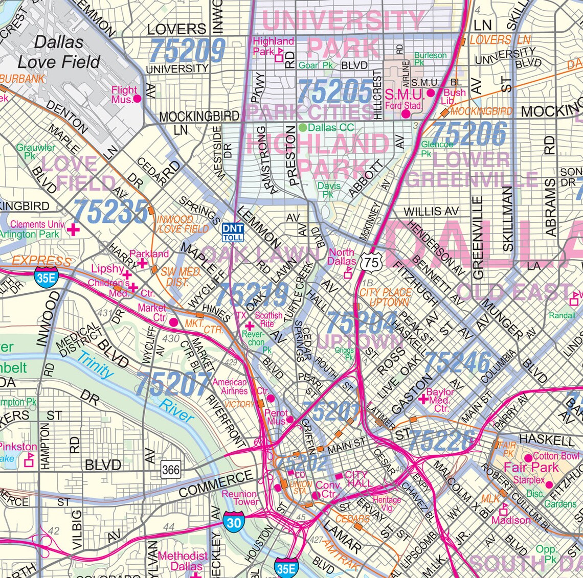 Dallas County Detailed Arterial Wall Map 36x38 W/zip Codes - Etsy