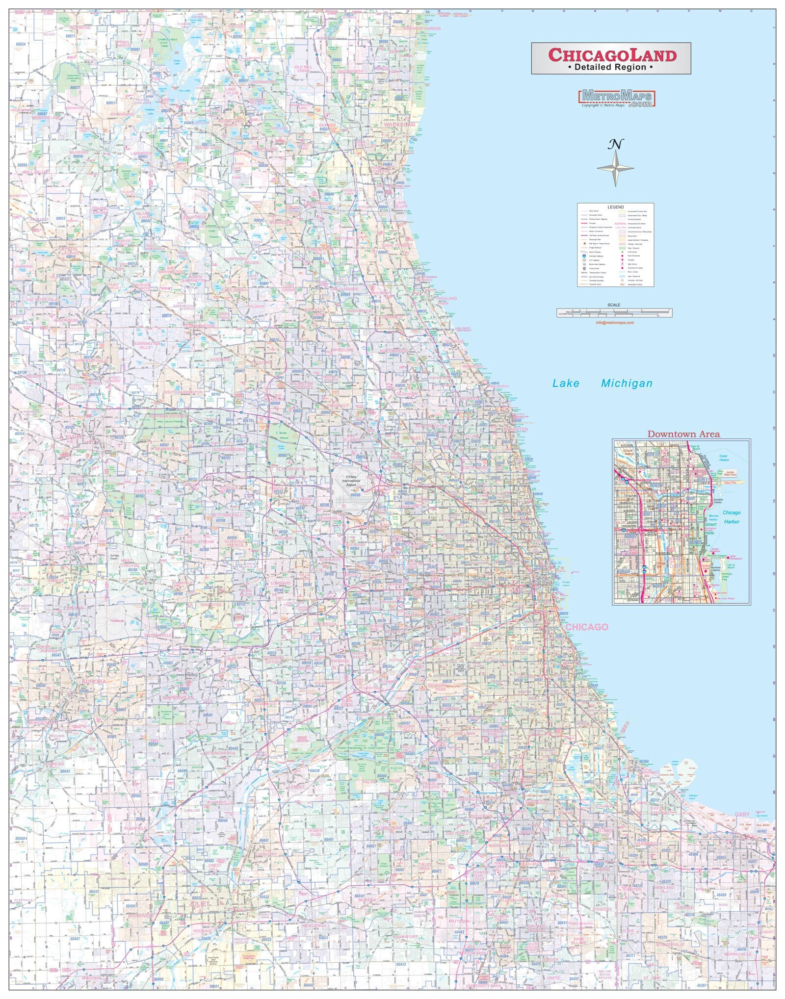 Chicagoland Greater Cook County Detailed Region Wall Map 44x56 W/zip ...