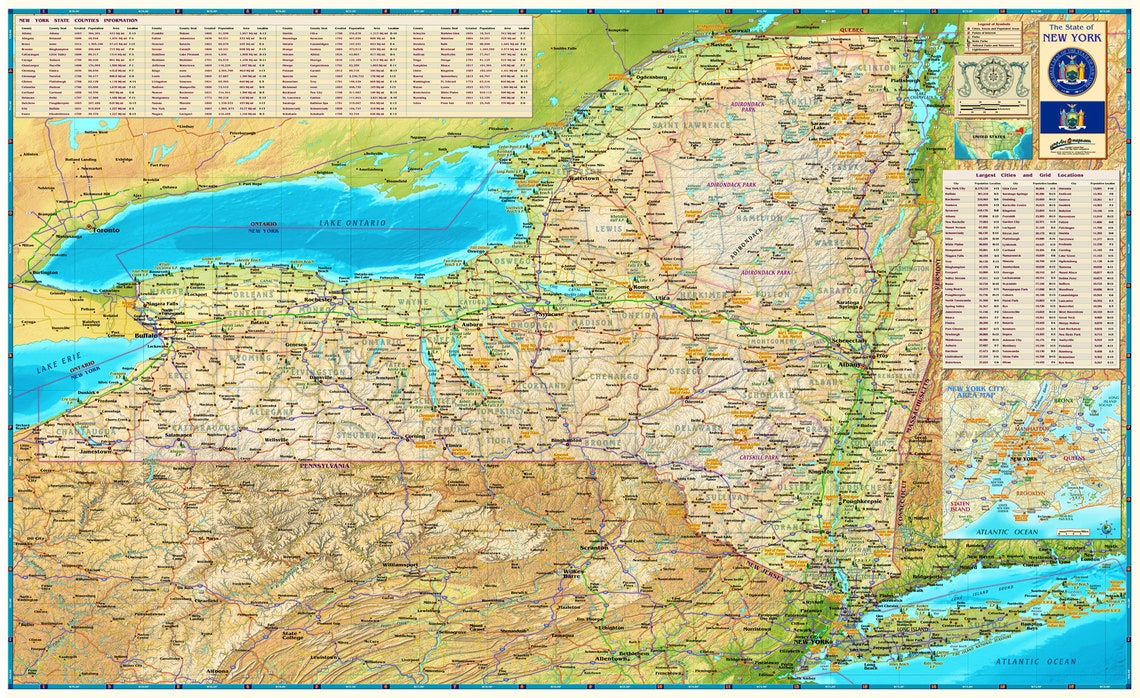 Colorful New York State Wall Map 2 Large Sizes - Etsy
