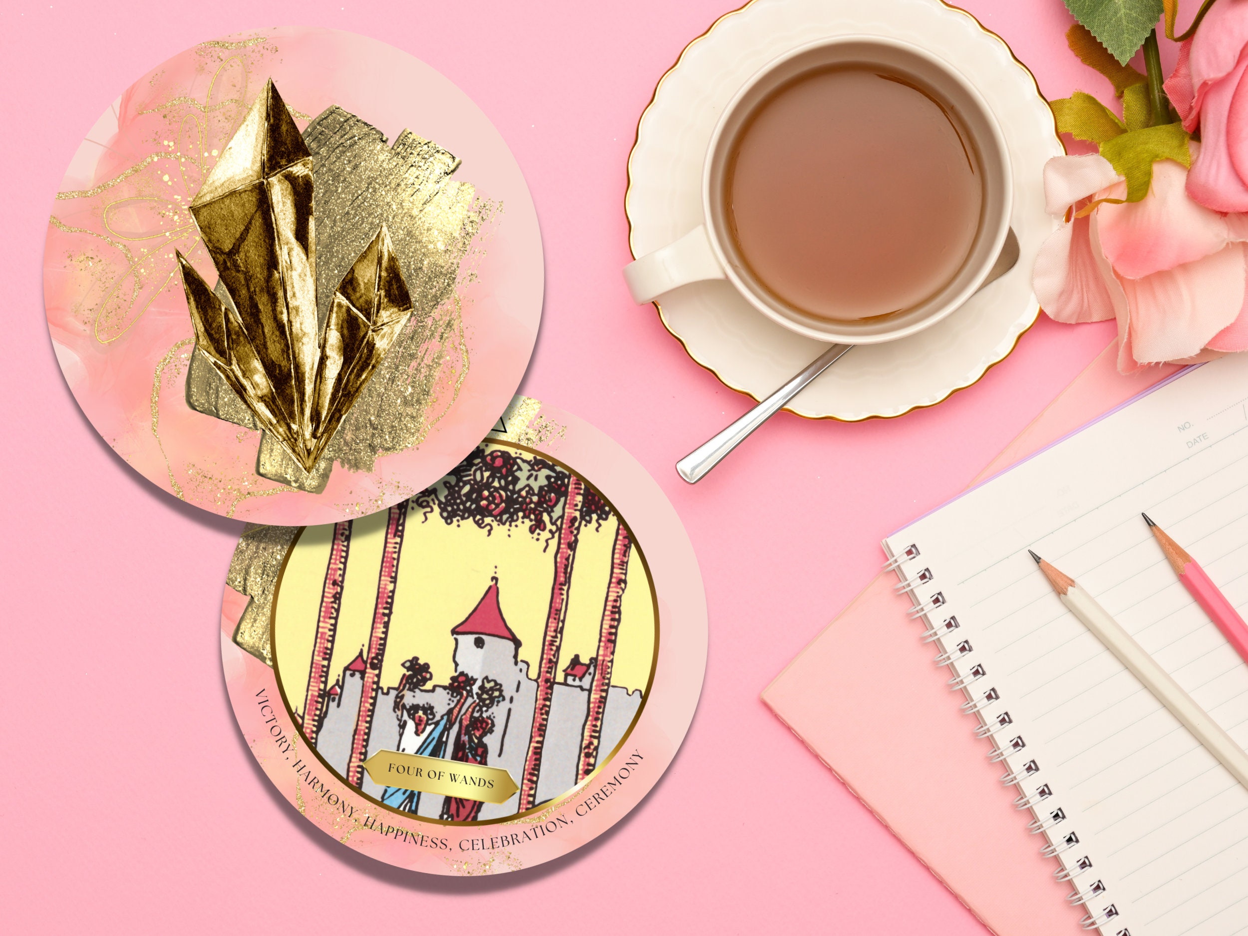 Round Tarot Cards With Keywords, Pink & Gold Circle Tarot Deck for ...