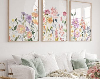 Wildflower Watercolor, Tryptic, Set of 3, Botanical Wall Art, Floral Art Prints, Home Decor ...