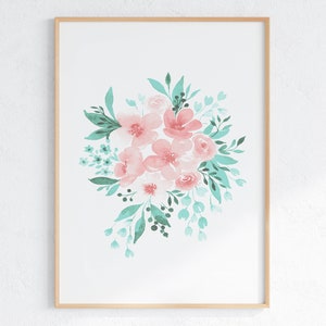 Blush Pink and Mint Wall Art Set of 2 Flower Watercolors, Floral ...