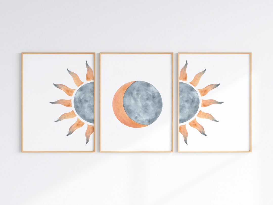 Boho Sun and Moon Wall Art Set of 3, Printable Celestial Watercolor ...