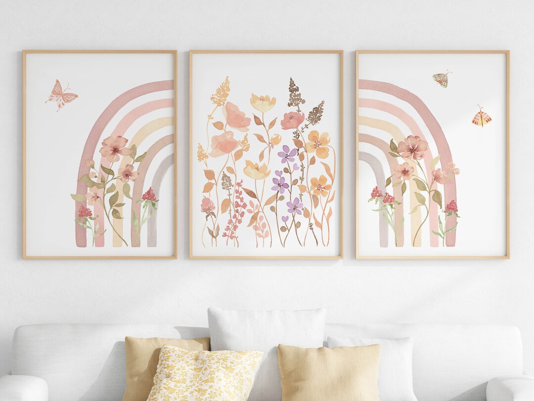 Boho Rainbow Wall Art Set of 3 Wildflower Girl Nursery - Etsy
