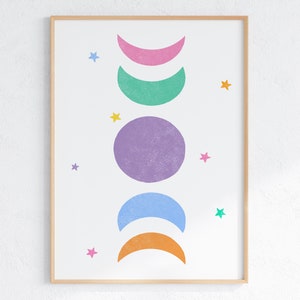 Wall Art Set of 2 Bright Boho Prints, Colorful Sunburst and Moon Phase ...