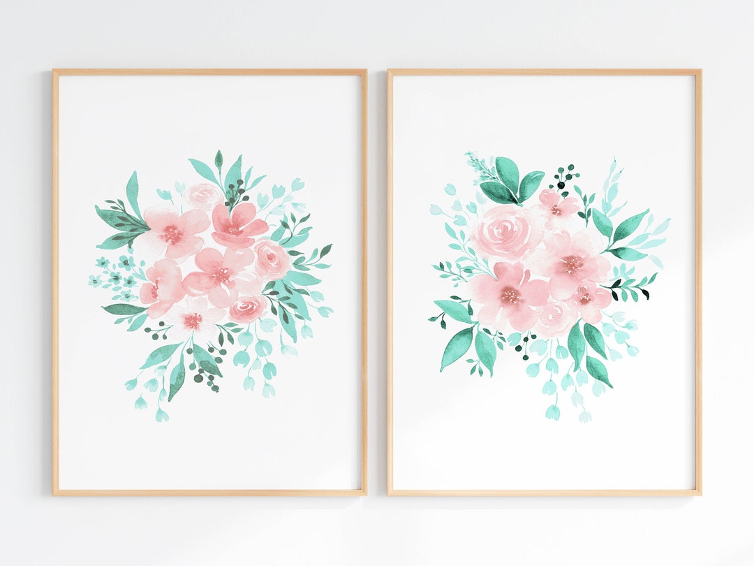 Blush Pink and Mint Wall Art Set of 2 Flower Watercolors, Floral ...