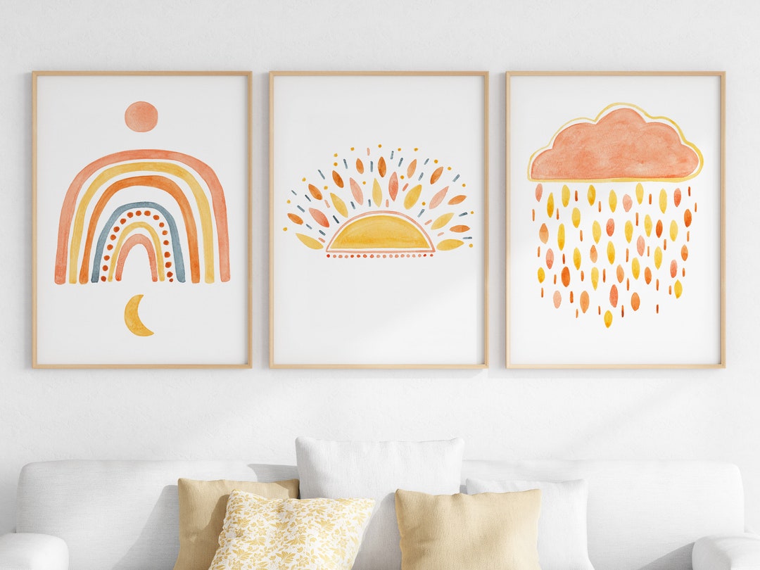 Boho Nursery Decor, Rainbow Sun Cloud Wall Art, Boho Kids Decor ...