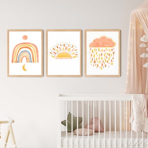 Boho Nursery Decor, Rainbow Sun Cloud Wall Art, Boho Kids Decor ...