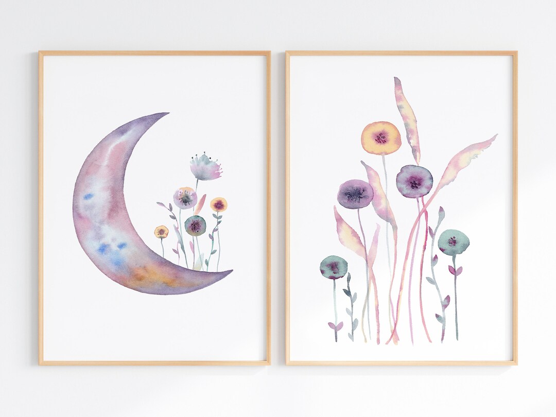 Purple Moon Watercolor Print Set of 2, Celestial Kids Room Decor ...