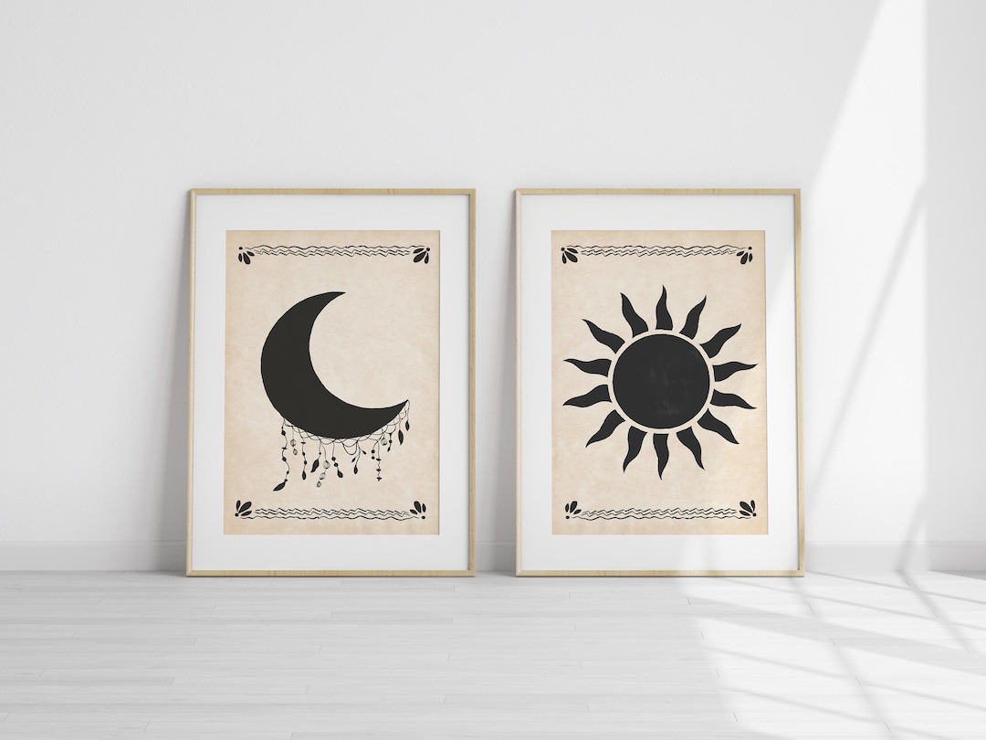 Black Sun and Moon Wall Art Set of 2, Boho Celestial Prints, Mid ...