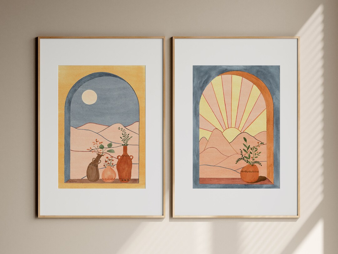 Bohemian Moon and Sun Poster Set of 2, Abstract Boho Celestial Prints ...