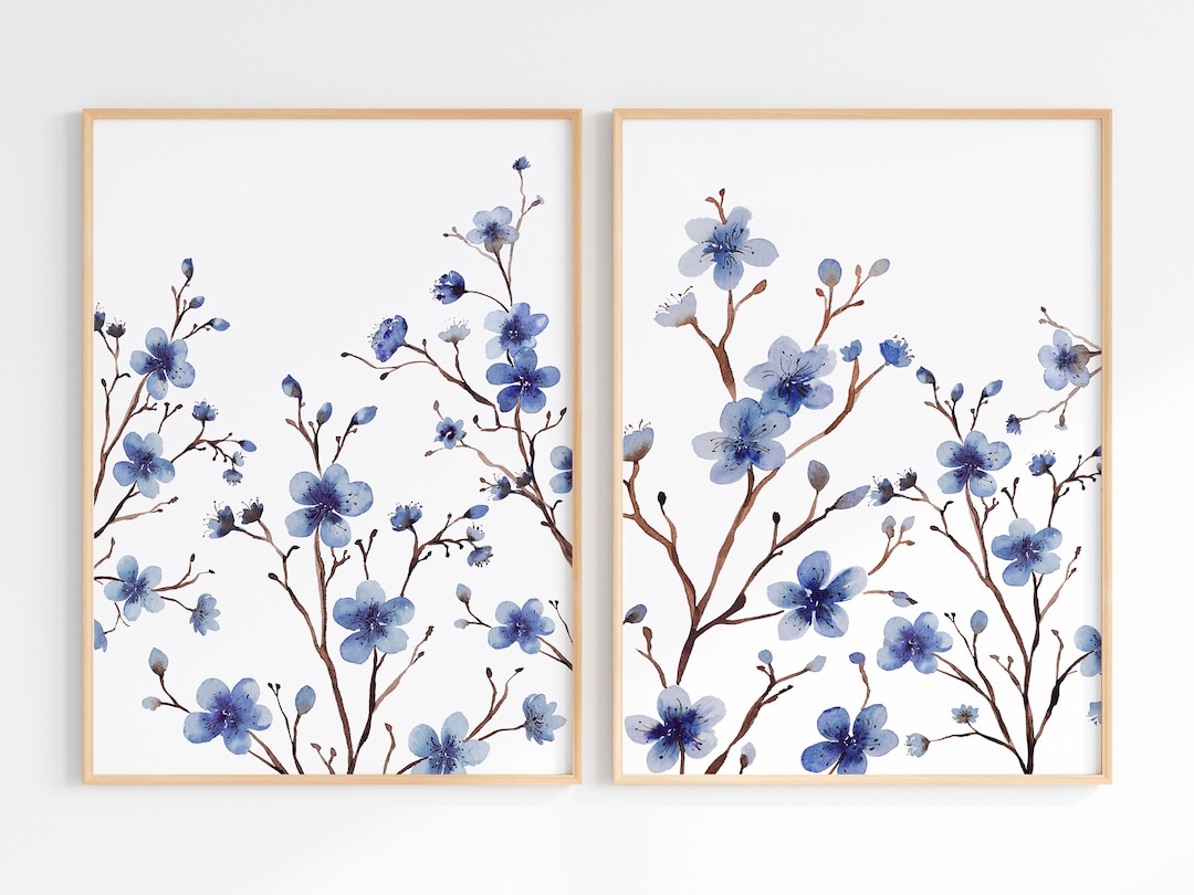 Navy Blue Flower Wall Art, Printable Art Set of 2 Navy Blue Floral ...
