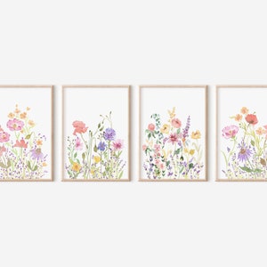 Wildflower Watercolor Gallery Wall Art Set of 4, Bright Floral Prints ...