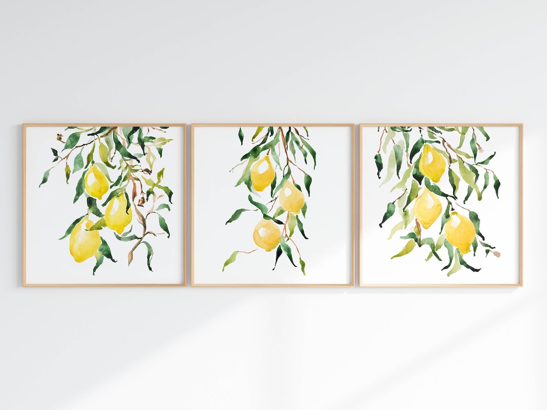 Square Lemon Print Set of 3, Citrus Wall Art, Kitchen Lemon Decor ...