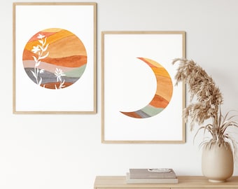 Boho Sun and Moon Wall Decor Printable Mid Century Art Set of | Etsy