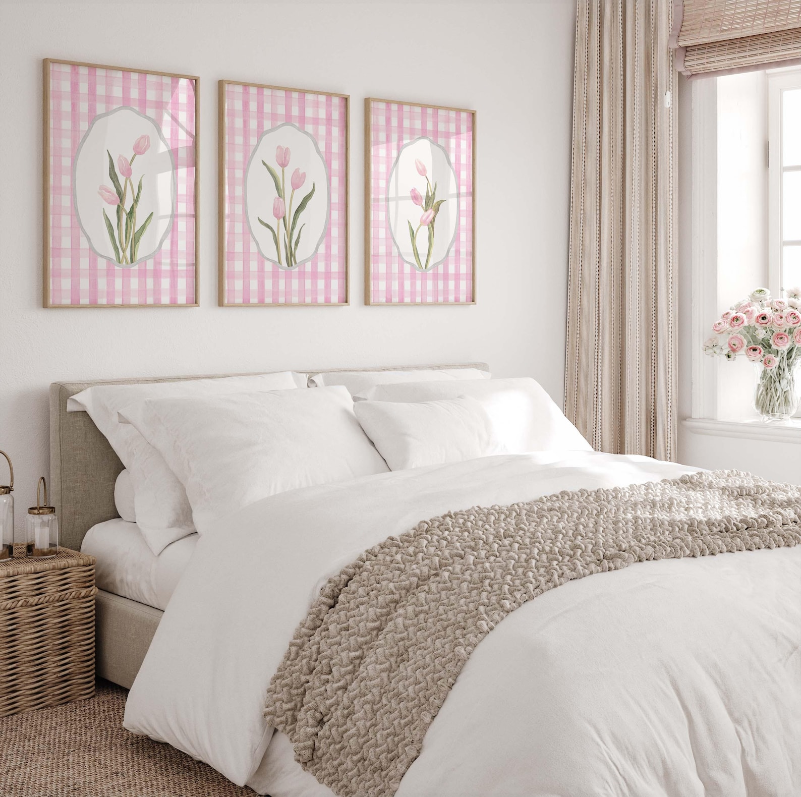 Tulips Wall Art Set: Pink Coquette Prints, Preppy Gingham Decor ...