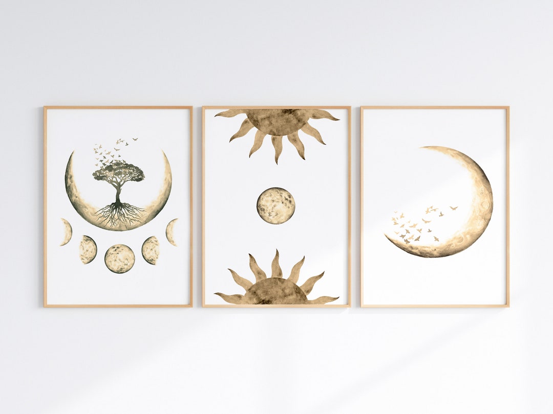 Boho Sun and Moon Wall Art Set of 3, Printable Zen Decor, Celestial ...