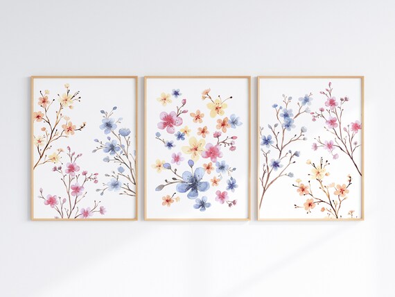 Colorful 3 Piece Flowers Wall Art Set Bright Floral Prints - Etsy