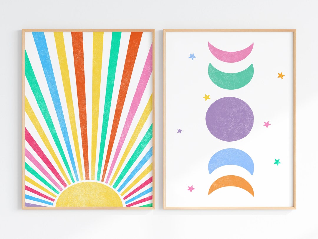 Wall Art Set of 2 Bright Boho Prints, Colorful Sunburst and Moon Phase ...
