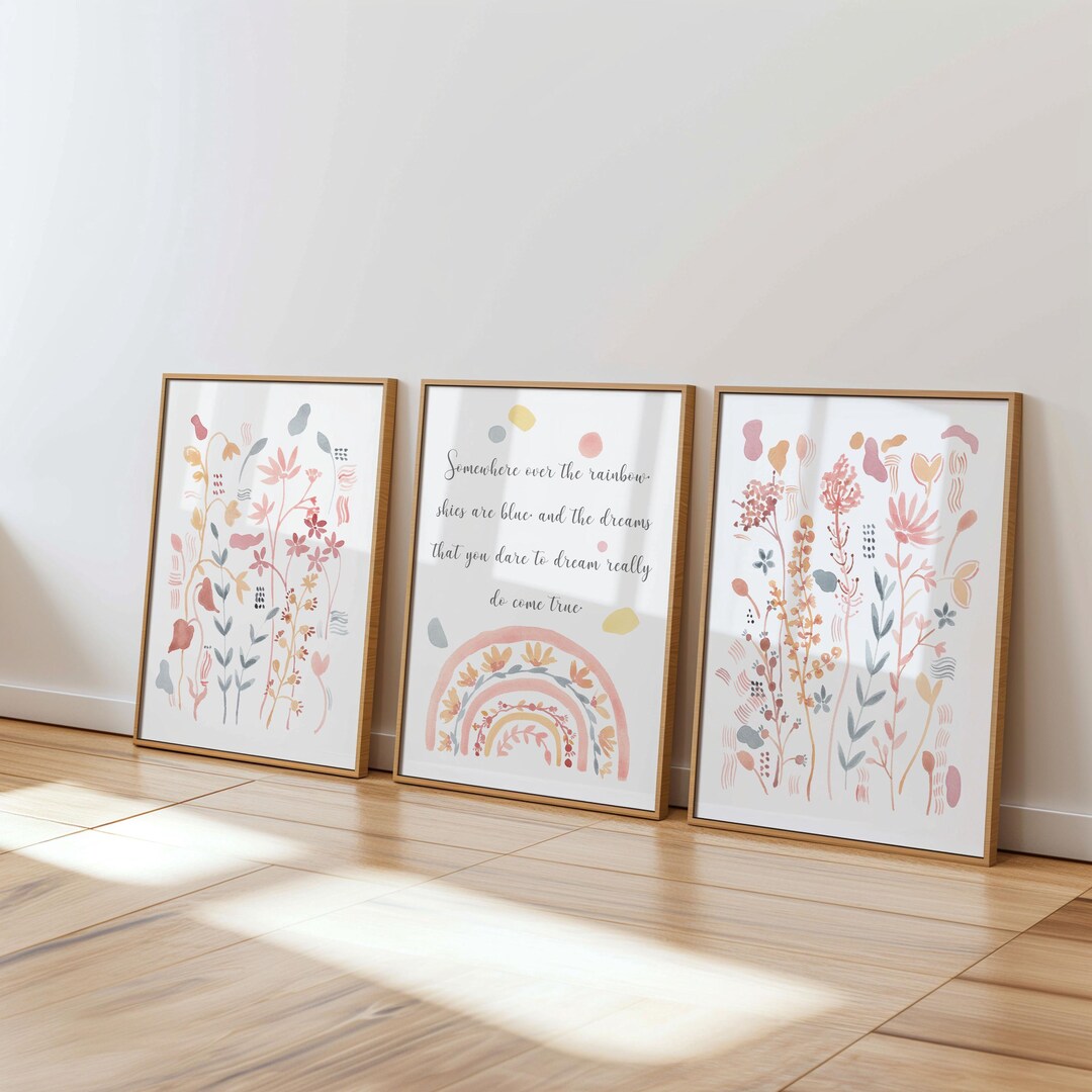Boho Rainbow Nursery Prints: Watercolor Flowers, 'somewhere Over the ...